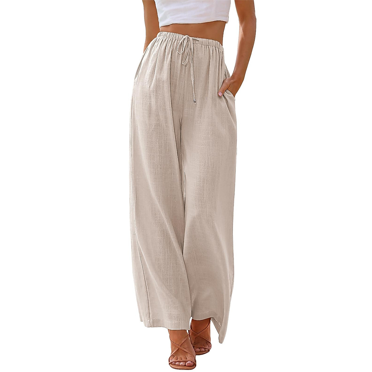 LILLUSORY Linen Wide Leg Pants Womens Palazzo Flowy Beach Vacation 2025 Summer Spring Fashion Outfits Clothes Clothing Trendy Skirt Cruise High Waisted Bohemian Travel Trousers with Pockets Apricot