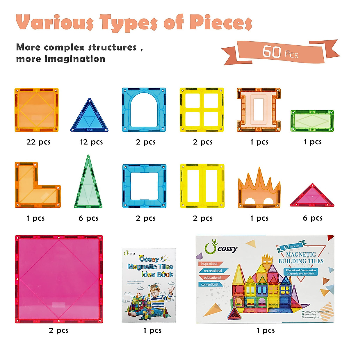 cossy 60 Pcs Magnet Tiles Magnetic 3D Building Blocks Set Educational Construction Toys for 3+ Year Kids with Stronger Magnets, Rivets-Fastened, Educational,Recreational, Conventional