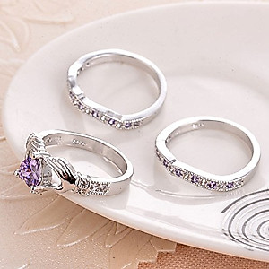 suchadaluckyshop 3PCs Irish Claddagh Celtic Heart Amethyst 925 Silver Wedding Ring Bridal Set New (10)