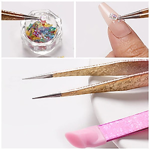 2pcs Double Ended Nail Art Tweezers for Women,Stainless Steel Tweezer Set Straight Tip Curved Tweezers Precision Lash Tweezers for Eyelash Extensions Pointed Tweezers for Crafts Rhinestone Picker Tool