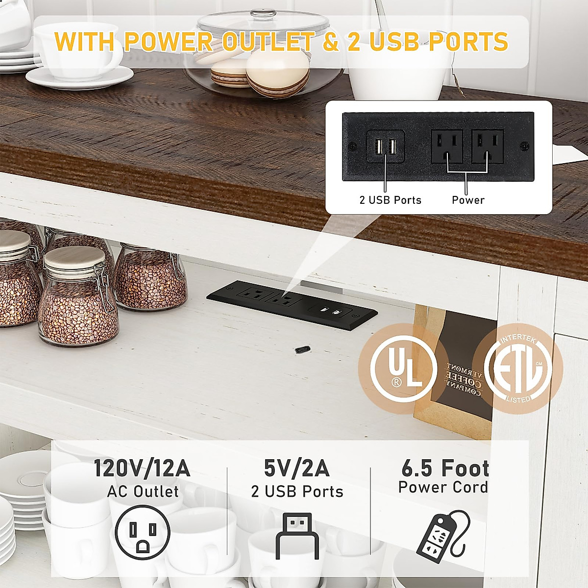 Hlivelood 66" Farmhouse TV Stand with Power Outlets for 75 65 Inch TVs, 33" Tall Entertainment Center with Storage Cabinets w/Adjustable Shelves, Rustic Large TV Media Console for Living Room, White