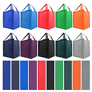Simply Green Solutions - Reusable Grocery Bags, Wide Tote Bags with 20-Inch Reinforced Handle, Shopping Bags for Groceries, Reusable Gift Bags with Handles, 13 x 15 x 10, 10 Color Variety, Pack of 10
