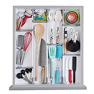 Practical Comfort Drawer Dividers, 18 pcs adjustable drawer dividers set, Made from high strength aluminum, 6 Main expandable drawer divider expand From 19.7" to 22" + 12 Sliding Separators 3.8"