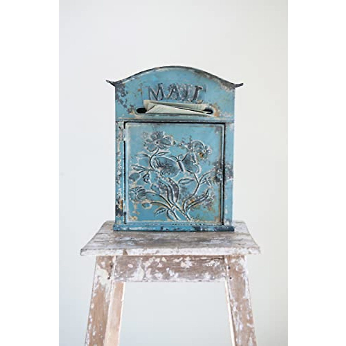 Creative Co-Op Distressed Blue Embossed Tin "Mail" Box