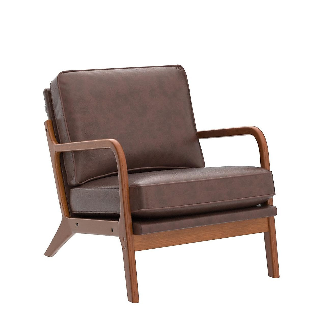Upholstered Mid Century PU Leather Accent Chair, Comfy Lounge Armchair with Thicken Cushion, Modern Wooden Arm Chair, Sturdy Reading Chair for Living Room, Bedroom, 300 LBS Weight Capacity, Brown