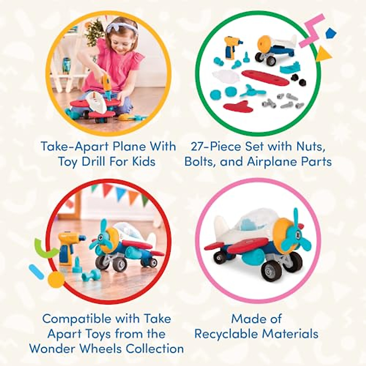 Battat- Wonder Wheels- Take-Apart Airplane – Toy Plane With Drill For Kids – STEM Toy- Developmental Toy – 3 Years +