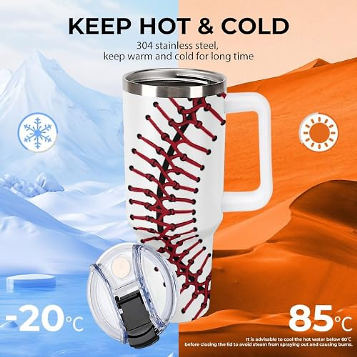 40 Oz Baseball Insulated Stainless Steel Tumbler with Handle & Straw Lid, Reusable Travel Cupholder Friendly Mug for Coffee, Water, Tea