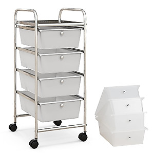 COSTWAY Rolling Storage Cart with 4 Drawers, Plastic Storage Cart and Organizer w/ 4 Removable Drawers, Multipurpose Organizer Cart for Home Scrapbook Paper Office School Tools (White)