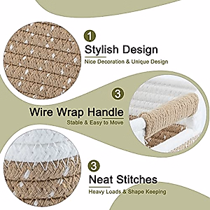 OIAHOMY 12.8x9x5.5in Woven Baskets for Storage, Storage Baskets for Shelves, Cotton Rope basket set of 3, Decorative Storage Baskets, Rectangle Basket With Handles, Brown and White