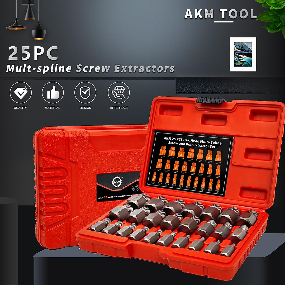 AKM 25Pcs Screw Extractor Set, Hex Head Multi-Spline Easy Out Bolt Extractor Set, Chrome Molybdenum Alloy Steel Rounded Bolt Remover