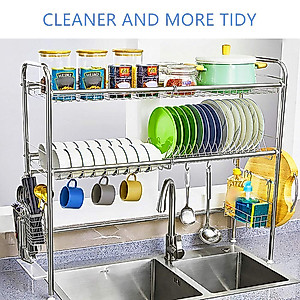 Over The Sink Dish Drying Rack, 2-Tier Stainless Steel Large Dish Drainers Over Sink Dish Rack with Utensil Holder, Length Adjustable(Sink Size ≤ 35 INCH)