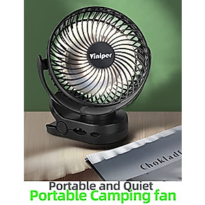 Viniper 6 inch Rechargeable Clip Fan with LED Light, 10000mah Battery Camping Hanging Fan : 360° Rotation, 3 Speeds, Also Use As Power Bank, Tent Personal Fan with Hanging Hook - Black