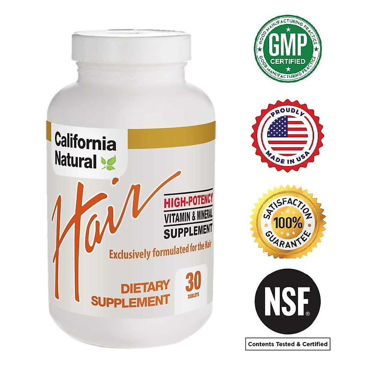 High Potency Hair Vitamin & Mineral Supplement with Biotin - California Natural - Promotes Healthy, Longer and Stronger Hair. - 30 Tablets (Pills)