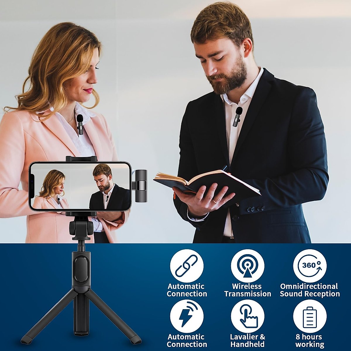 Caymuller Professional Wireless Lavalier Lapel Microphone for iPhone iPad, Mini Lapel Mics Plug-Play 2.4G Ultra-Low Delay Noise Reduction Chip for Video Recording Interview Podcast Vlog YouTube Tiktok