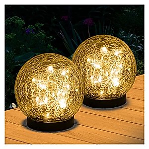 Solar Lights Outdoor Garden Decorative - 2 Pack Solar Globe Lights Upgrade Waterproof with 30 LEDs Cracked Glass Ball Lights for Yard Patio Pathway Lawn Outside Decor (4.73")