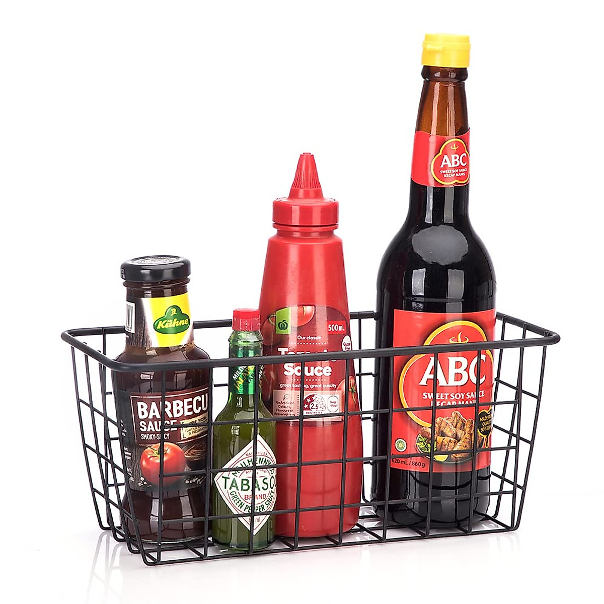 Hanging Kitchen Baskets Adhesive Sturdy Wire Storage Baskets with Kitchen Food Pantry Bathroom Shelf Storage No Drilling Wall Mounted,Black,4 Pack