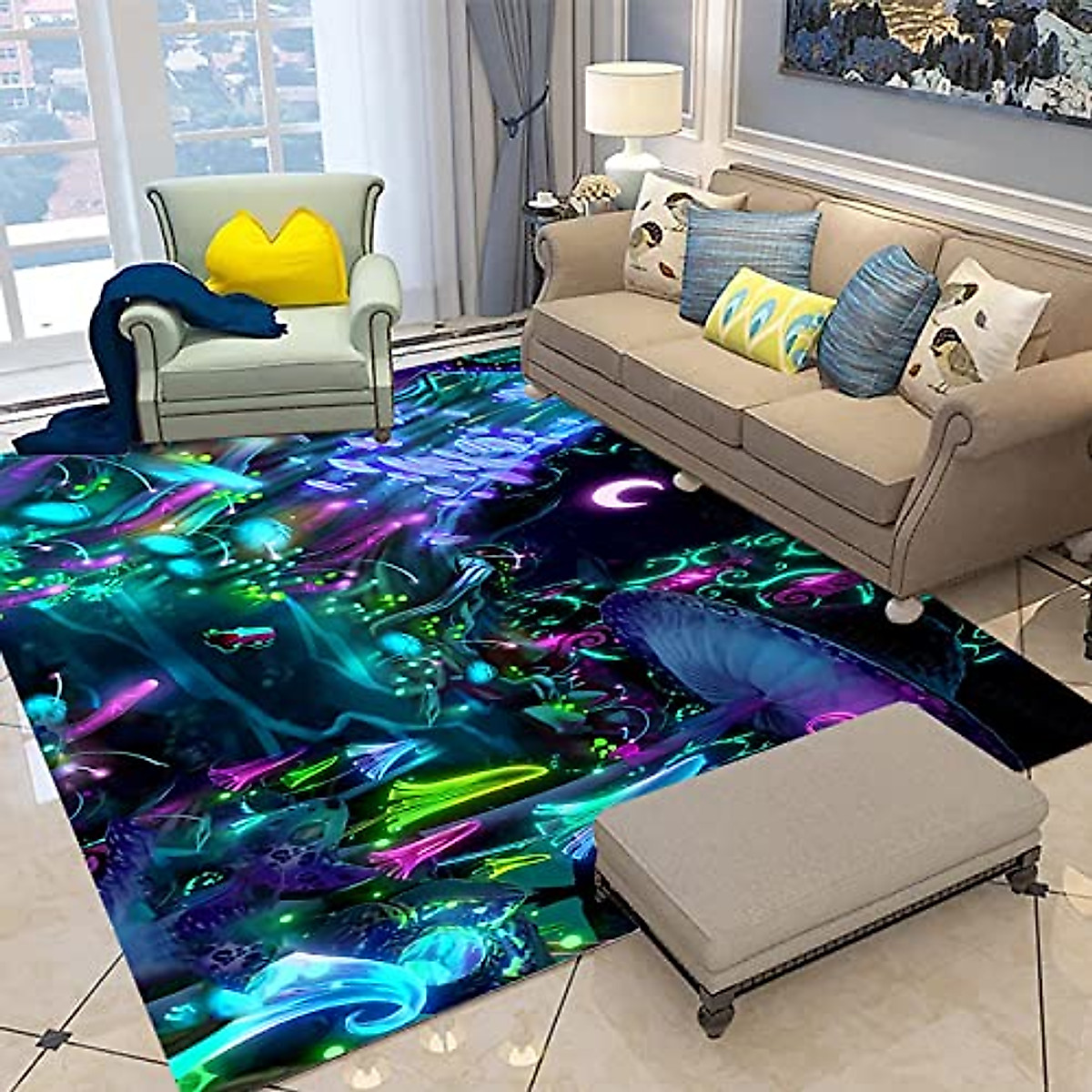 Boho Tree of Life Sun and Moon Hippie Trippy Skull and Mushroom Area Rugs 3D Digital Print Carpet Living Room Bedroom Sofa Mat Door Mat Home Decoration 5.25 x 7.5 ft/63 x 90 in