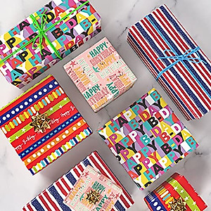 GIOLAINY Birthday Wrapping Paper for Kids Boys Girls Adults - Gift Wrapping Paper with Bright "Happy Birthday" Words, Blue Stripes and Star Design - 8 Sheets (20*29 Inch per Sheet), Recyclable, Easy to Store, Not Rolled