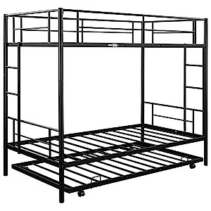 CALABASH Twin Over Twin Metal Bunk Bed with Trundle Heavy Duty Twin Size Metal Bunk Beds Frame with 2 Side Ladders Convertible Bunkbed with Safety Guard Rails,No Box Spring Needed (Black)