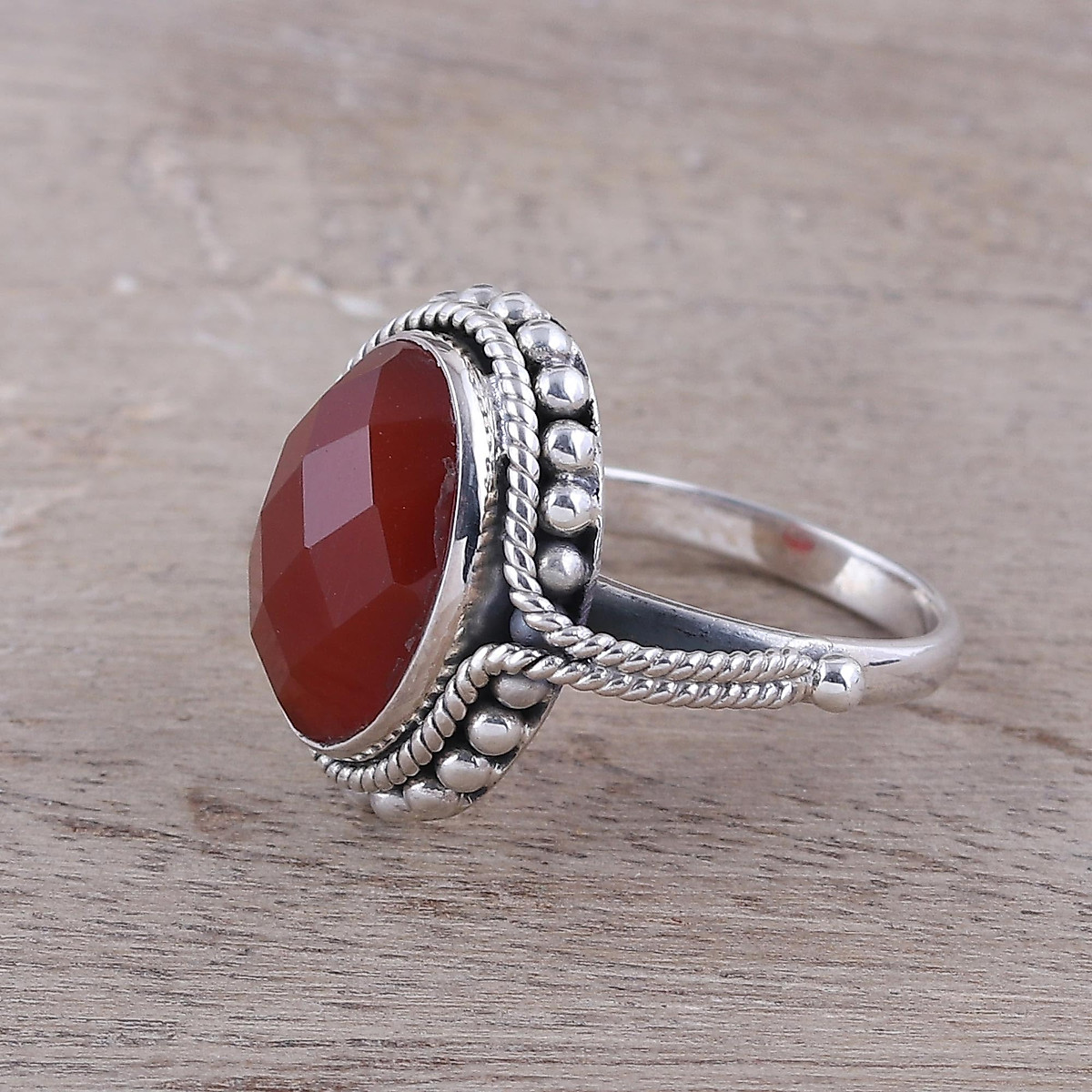 NOVICA Artisan Handmade Carnelian Cocktail Ring Artisan Crafted Sterling Silver Jewelry Red Single Stone India Marsala Birthstone [crownbezel 0.8 in L x 0.7 in W x 0.3 in H Band Width 2 mm W] ' Sun