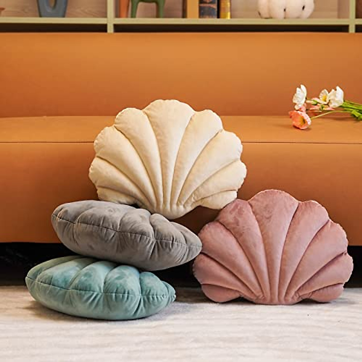 ARTMAGIC Seashell Shaped Decorative Throw Pillow 3D Velvet Cushion Ultra Soft Accent Floor Pillow for Couch Bed Sofa, Ivory, 14x11 inch