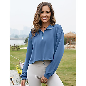 Flygo Women's Half Zip Crop Sweatshirt High Neck Long Sleeve Cycling Pullover Athletic Crop Tops(Blue-S)