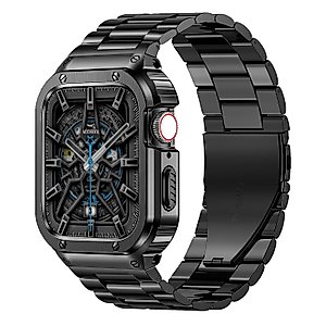 MioHHR Stainless Steel Band and Case Compatible with Apple Watch Band 45mm, Men Metal Protective Bumper Cover for iWatch Series 9/8/7, Black