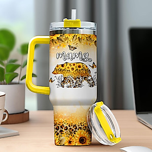 Women Yellow Stainless Coffee Momma Cups Black Butterfly Handle Glitter Steel Print For, Mama Bear Gifts, Tumbler 40 Oz With Handle Lid And Straw, Mama Bear Sunflower Leopard