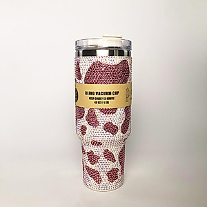 Cupcupmore 40oz Pink Cow Bling Rhinestone Stainless Steel Sippy Tumbler Glitter Vacuum Insulated Water Bottle with Straw & Lid & Handle,Thermos for Hot & Cold Drinks,Car Cup Holder,Coffee
