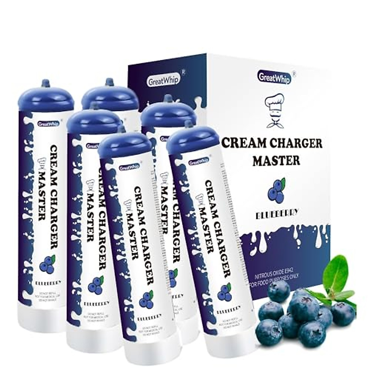 GreatWhip Blueberry Flavor Nitrous Oxide Tank Whipped Cream Cylinders 0.95L N2O Tank 615g Whipped Cream Cartridges(6 Cylinders)