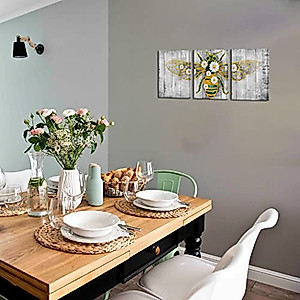 Bee Canvas Wall Art Yellow and Green Animal Insect Painting Honeybee Wall Decor for Living Room Kitchen Wall Decoration Framed and Stretched Easy to Hang Size 12"x16"x3