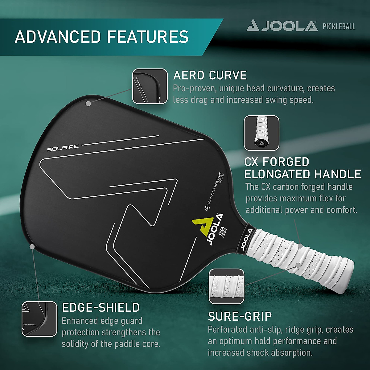 JOOLA Solaire Professional Pickleball Paddle with Carbon Friction Surface - Ideal Spin, Power, & Control - Pickleball Racket with Reactive Polypropylene Honeycomb 14mm Core - Paddle Cover Included
