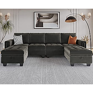 Belffin Velvet U Shaped Sectional Sofa Couch with Storage Ottoman Convertibel Sectional Sofa with Reversible Chaises Grey