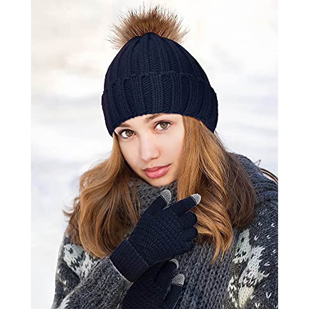 4 Pieces Winter Hat and Gloves Set Women Beanie Hat Gloves Skull Cap Touchscreen Gloves for Women Girl Lady Couple (Navy Blue, Pinkish Pink)