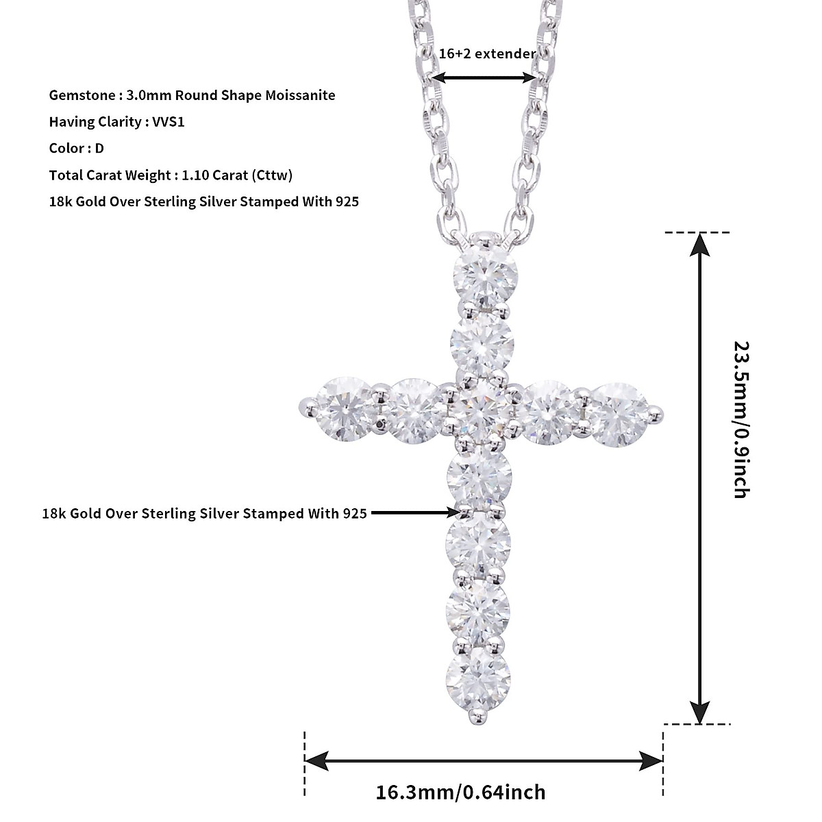 Ladylike 18K Gold Plated Sterling Silver Moissanite Cross Pendant Necklace for Women, with 11 Pieces of 3mm VVS1, D moissanites,Small and Exquisite Necklace,16+2" inches Necklace Chain (Silver)