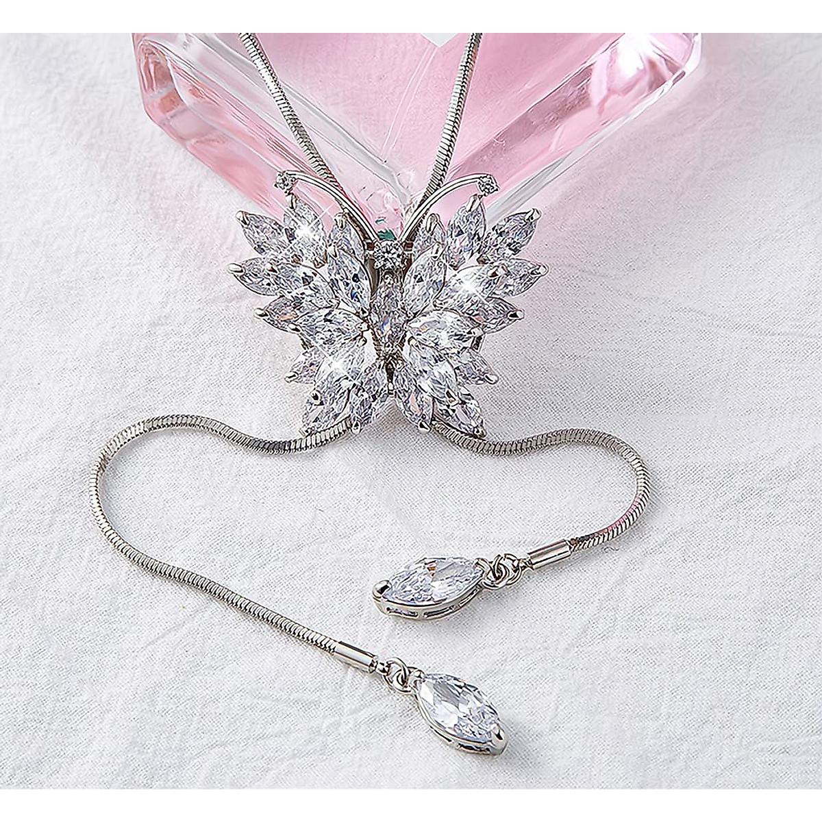 Kodewiet Women Cubic Zirconia flower Butterfly Long Adjustable Chain Pendant Sweater Necklace