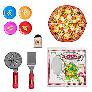 Kids Pizza Toy Set, Pretend Kitchen Play Food, Slice & Serve Toy Pizza with Box, Pie Cutter & Fake Condiments