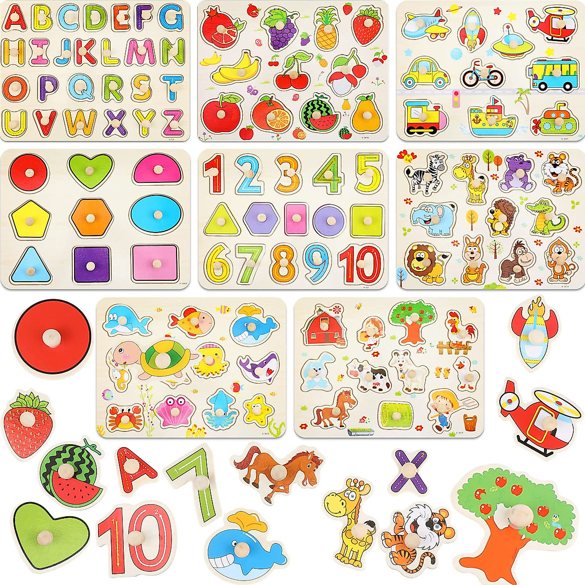 8 Set Wooden Peg Puzzles for Toddlers 2-4 Years Alphabet Number Animal Vehicles Puzzles Board for Kids Educational Learning Puzzles Toys for Children Babies Boys Girls (Lovely)