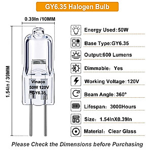 Vinaco GY6.35 Halogen Bulb, 10 Pack 50W 120V T4 GY6.35 Bi-Pin Base Clear Halogen Bulb, GY6.35 Bulb Dimmable with 2800K Warm White, T4 GY6.35 120V 50W for Pendant Light, Microwave Oven, Table Lamp