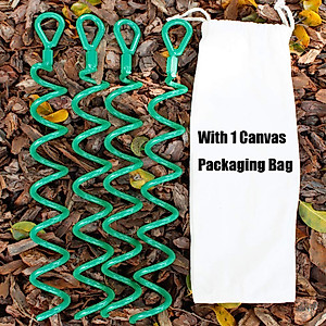 4 Pcs 18 Inch Spiral Ground Anchors Kit Green Metal Ground Stakes Dog Tie Out Stake Spiraling Anchor Trampoline Anchors for Tent, Securing Trampolines,