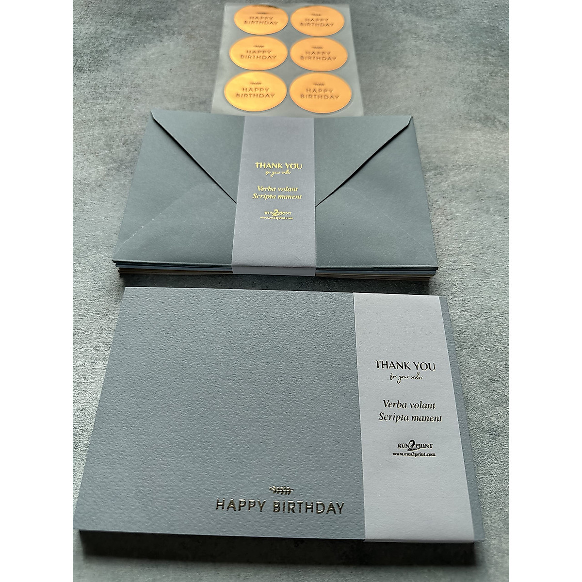 RUN2PRINT Happy Birthday Cards With Envelopes & Stickers - Elegant Dusty Blue Emboss Gold Foil Pressed - Blank Notes Wedding, Bridal, Baby Shower, Business and Formal All Occasion Cards (Dusty Blue)