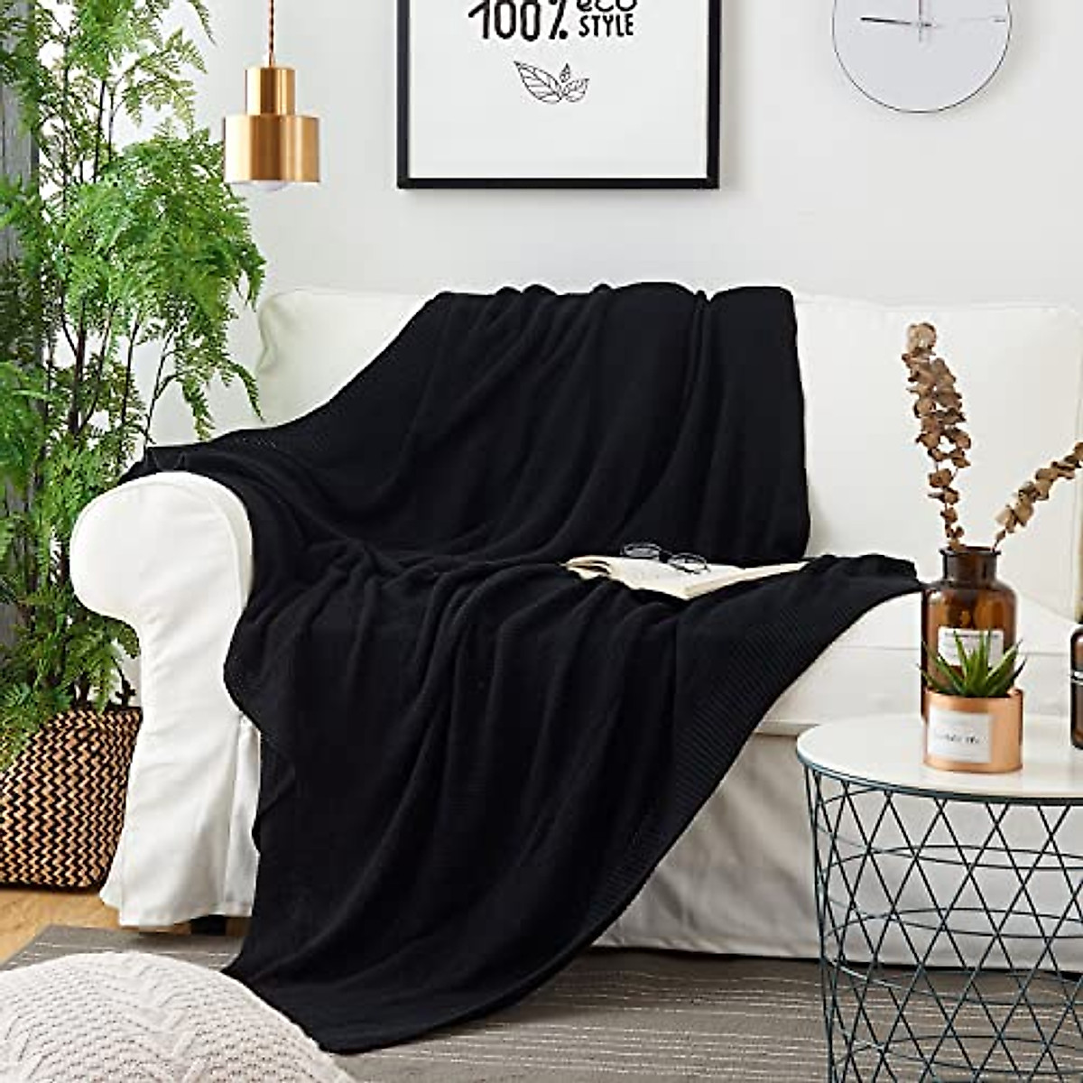 Black Cotton Cable Knit Throw Blanket for Couch Sofa Chair Bed Home Decorative, 3.4 Pounds 60 x 80 Inch Lightweight Woven Throw Blankets with Bonus Laundering Bag