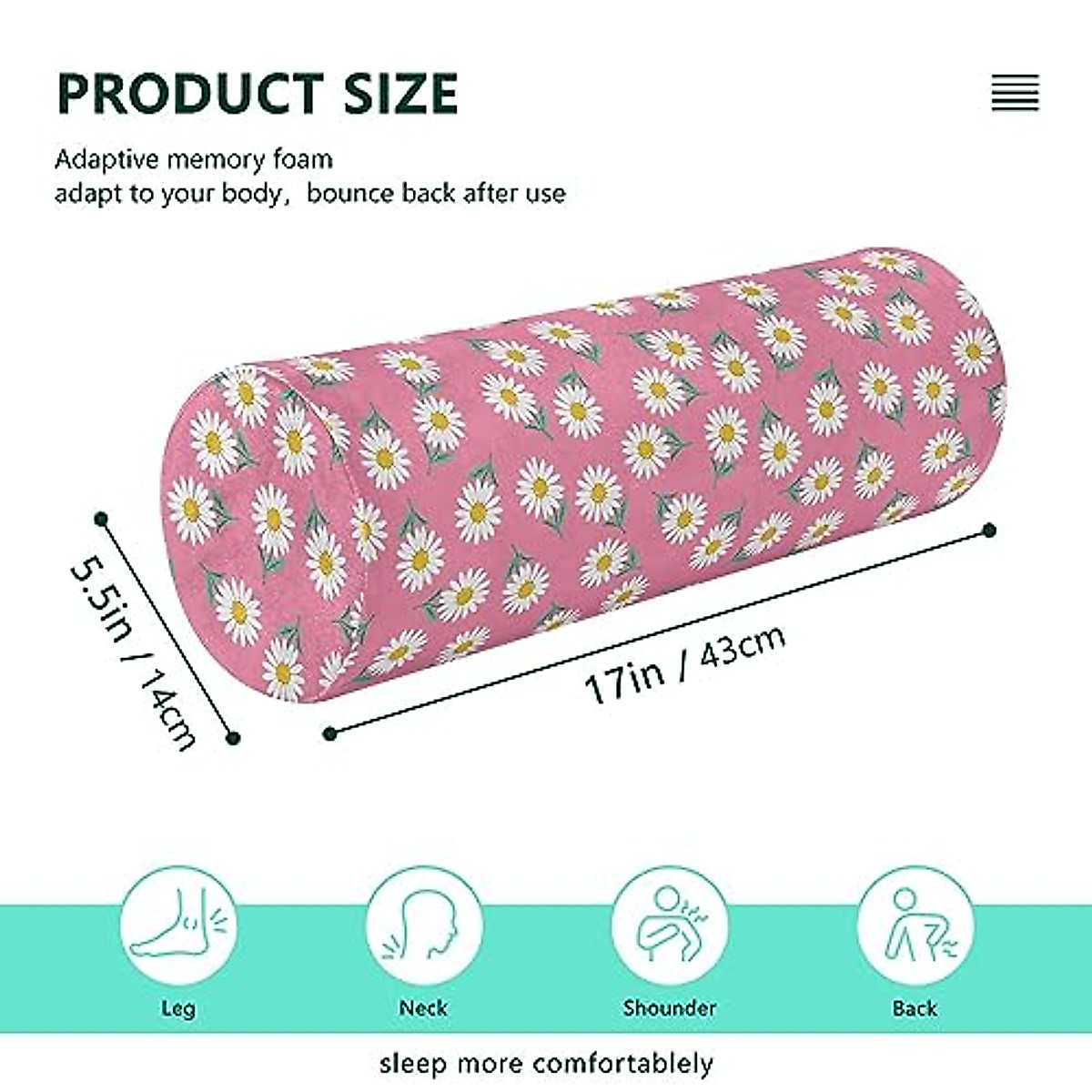Vnurnrn Pink Spring Daisy Neck Support Pillow Round Neck Roll Bolster Cylinder Pillow Cervical Pillows Knee Pillow for Leg Knee Back Head Support for Work Women Men Traveling Headrest
