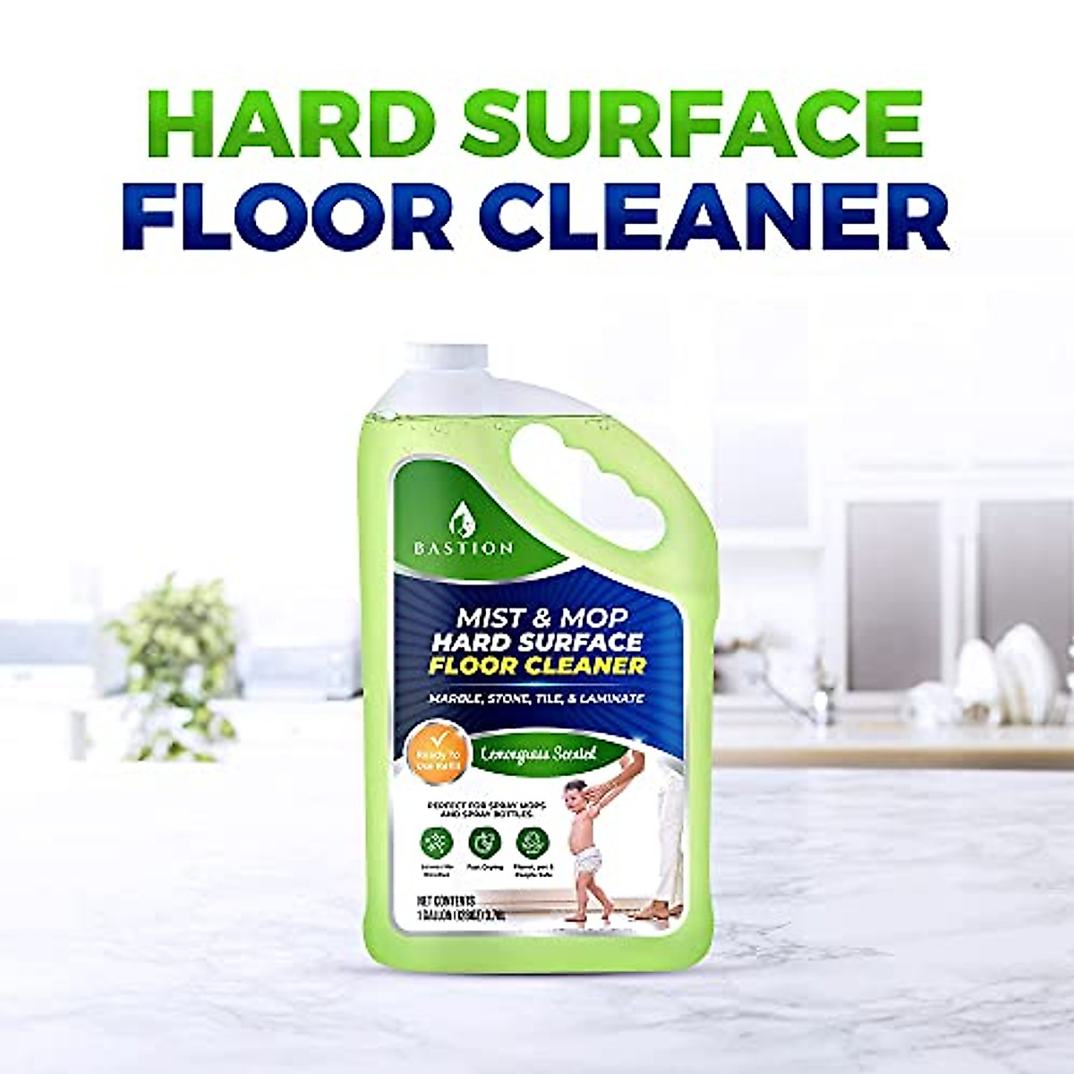 Hard Surface Liquid Floor Cleaner Solution Mist & Mop Ready-To-Use for Marble, Stone, Granite, Tile, Vinyl, Laminate, Linoleum - Multi-use - Safe, Gentle, & Natural - Removes Dirt, Stains, & Odors - Lemongrass Scent, 1 Gallon (128 oz.)