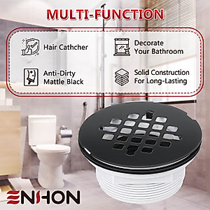 4-1/4" OD Shower Drain Assembly, Snap in Shower Base Drain and Matte Black Round Grid Strainer Cover, Fits 2 in. Schedule 40 ABS and PVC Pipes, Stainless Steel Cap, ABS Drain Base