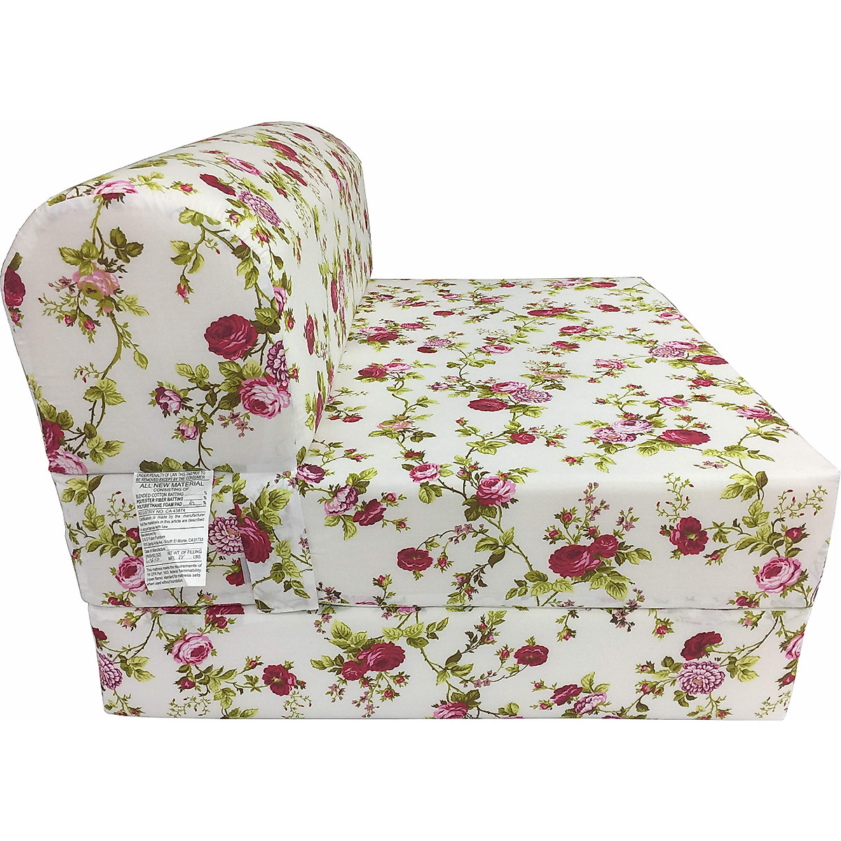 D&D Futon Furniture Red Rose White Sleeper Chair Folding Bed 70 x 32 x 6, Studio Guest Foldable Chair Beds, Couch, High Density Foam 1.8 Pounds
