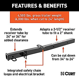 CURT 45048 Trailer Hitch Receiver Adapter Reducer, 2-1/2 to 2-Inch, 34-In Extension, 4,500 lbs , Black