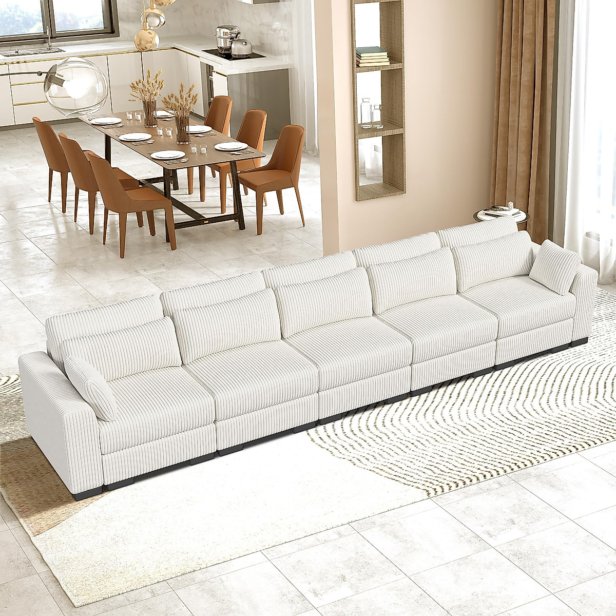 WeaArco 161" Modular Sectional Couch, Cloud Couch Sectional 5 Seater, Corduroy Sectional Sofa with 7 Pillows, 5 Seater Reversable Sectional Couch for Modern Living Room Bedroom Apartment Office, Beige