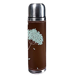 sdfsdfsd 17 oz Vacuum Insulated Stainless Steel Water Bottle Sports Coffee Travel Mug Flask Genuine Leather Wrapped BPA Free, Blue Flowers