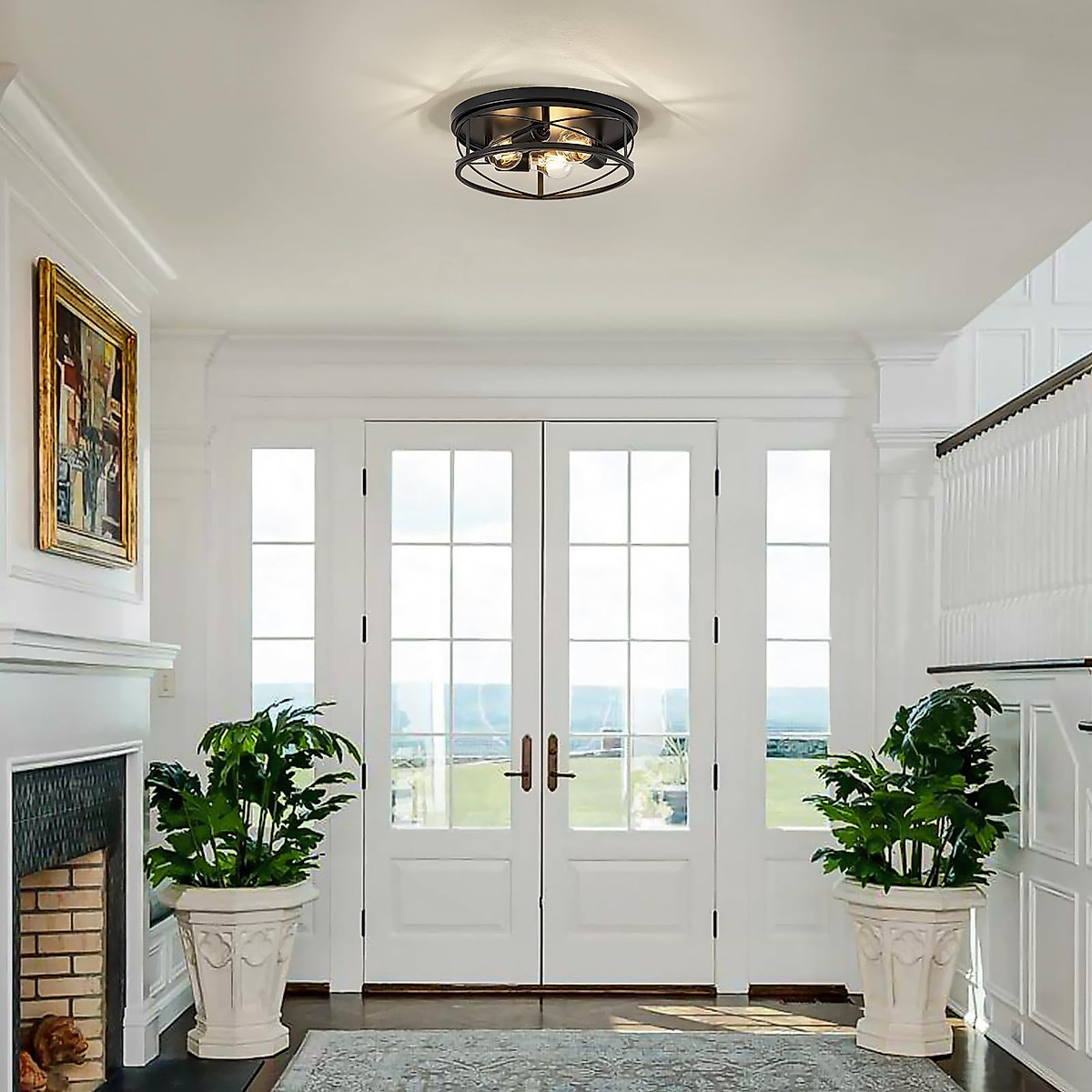 VIOLOEMI Farmhouse Light Fixtures, Black Round Metal Flush Mount Ceiling Light, 3-Light Cage Ceiling Lamp for Kitchen, Foyer, Bedroom, Hallway（Bulbs Not Included）